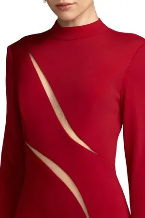 Mac Duggal Mock Neck Long Sleeve Cut Out Jersey Gown