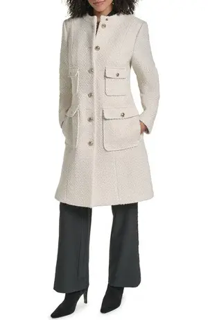 Karl Lagerfeld Paris Collarless Wool Blend Coat - Ivory