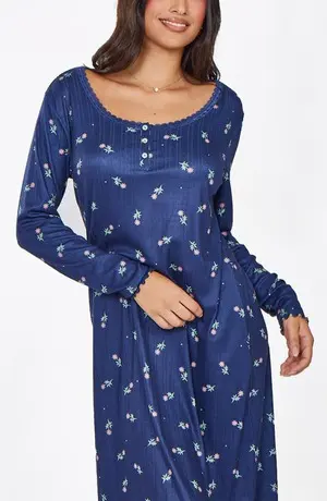 ICOLLECTION Floral Pointelle Knit Long Sleeve Sleep Dress
