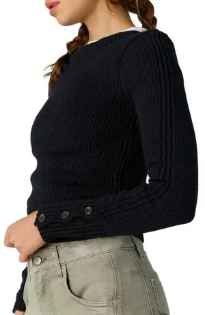 Free People Mila Ribbed Pullover Sweater - Black