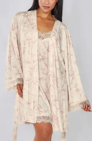 ICOLLECTION Toile Print Lace-trim Brushed Knit Robe