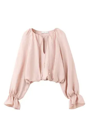 Mango Gathered Long Sleeve Crop Top - Light Pink
