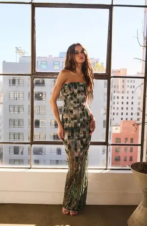 HELSI Cher Sequin Mixed Print Strapless Gown - Emerald