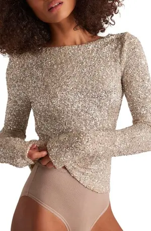 Free People Intimately Fp Leading The Way Sequin Long Sleeve Tee - Silver