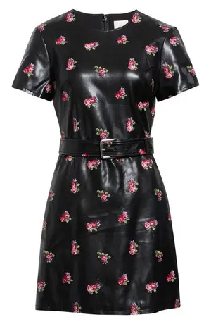 Cinq À Sept Bea Tossed Roses Embroidered Faux Leather Minidress