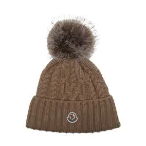 Moncler Logo Beanie With Pompon - Brown