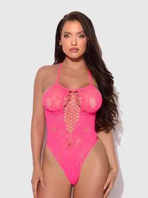 Frederick's Of Hollywood Floral Lace Crotchless Teddy Bodystocking - Neon Pink
