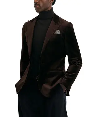 REISS Apsara Cotton Blend Peak Lapel Velvet Blazer - Brown