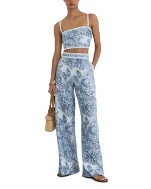REISS Petite Mila Printed Linen Pants - Blue