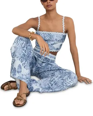 REISS Petite Mila Printed Linen Pants - Blue