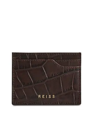 REISS Cabot Croc Embossed Leather Card Case - Chocolate