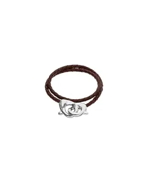 UNODE50 Brown Double Leather Strap With Sterling -plated Interlocking Carabiner Detail - Silver