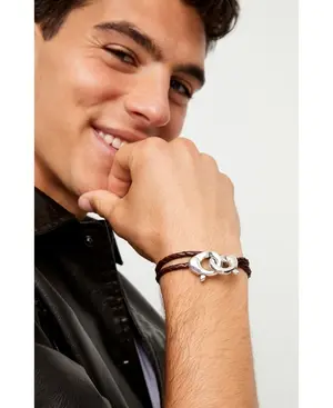 UNODE50 Brown Double Leather Strap With Sterling -plated Interlocking Carabiner Detail