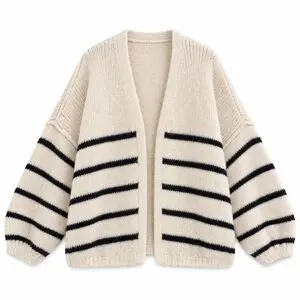 LATELIER LONDON Ivory & Black Striped Oversized Knit Cardigan - White