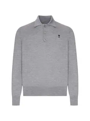 AMI Paris Polo Sweater With Contrasted Mini Of Coeur Detail - Greyblack