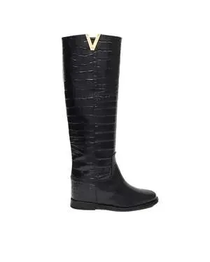 VIA ROMA 15 Croc-embossed Tall Boots With V Detail - Nero