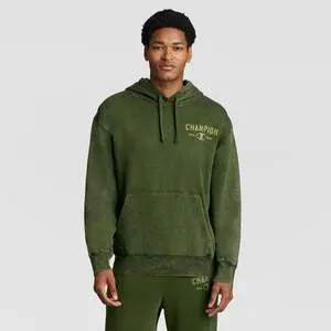 Champion Mineral Wash Pullover Hoodie, C Patch Logo - Chive