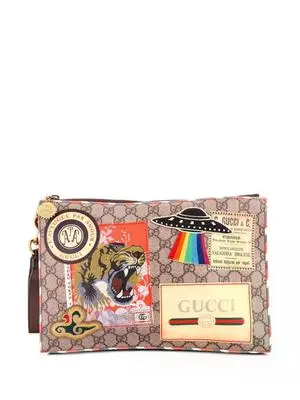Gucci Courrier Pouch Gg Coated Canvas With Applique Clutch Bag - Brown