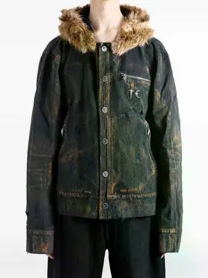 THUG CLUB Distressed Faux-fur-trim Jacket