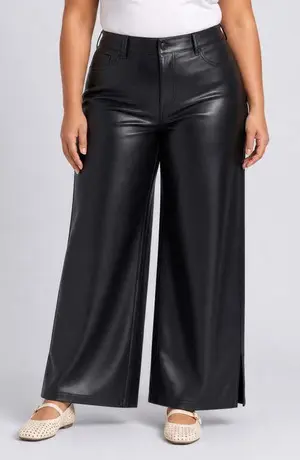NYDJ Teresa High Waist Wide Leg Faux Leather Pants - Black