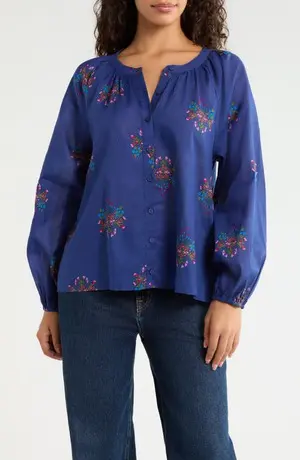 SUGARLIPS Jennis Bouquet Print Cotton Top - Navy-multi