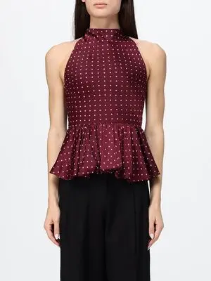 ROTATE BY BIRGER CHRISTENSEN Polka Dot Satin Sleeveless Top With High Neck And Cold Shoulder