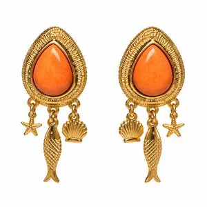 BY OZGE Coral Teardrop Gold Plated Fish & Seashell Charm Dangle Earrings