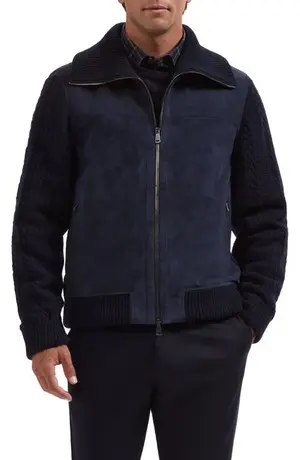 Bugatchi Hybrid Suede Leather Jacket - Navy