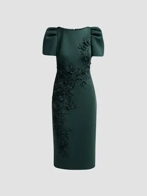 Badgley Mischka Floral Laser-cut Embroidery Cocktail Dress - Forest
