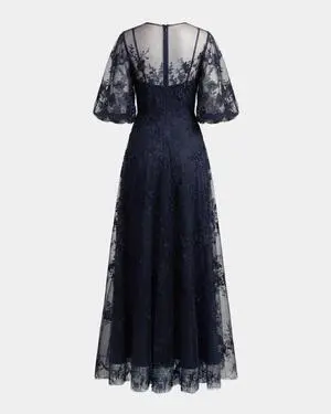 Mac Duggal Embroidered Illusion High-neck Puff-sleeve A-line Gown
