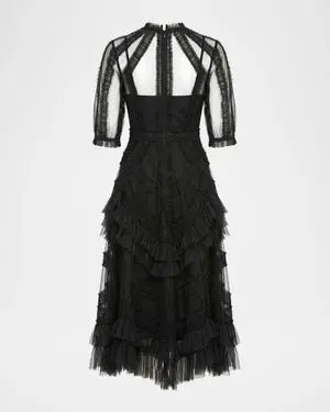 Mac Duggal High-neck Ruffled A-line Midi Dress - Black