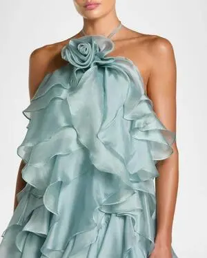 Mac Duggal Halter-neck Ruffle Trapeze Gown