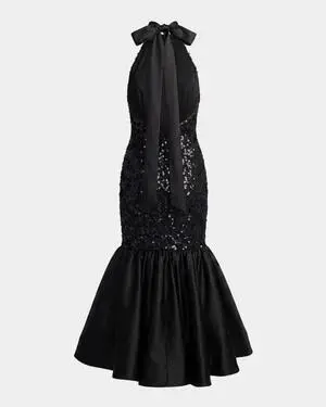 Mac Duggal Sequined Lace-satin Halter Mermaid Midi Dress - Black