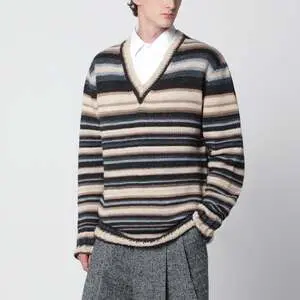 Dolce & Gabbana Beige Striped Sweater In Wool Blend - Brown