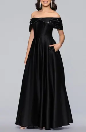 BLONDIE NITES Rhinestone Off The Shoulder Satin Ballgown