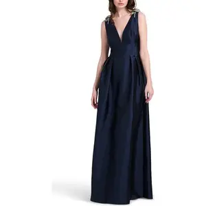 EMILY SHALANT Crystal Bow Detail Plunge Neck Faille Gown - Navy