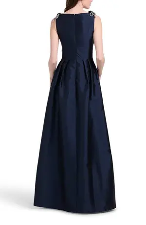 EMILY SHALANT Crystal Bow Detail Plunge Neck Faille Gown