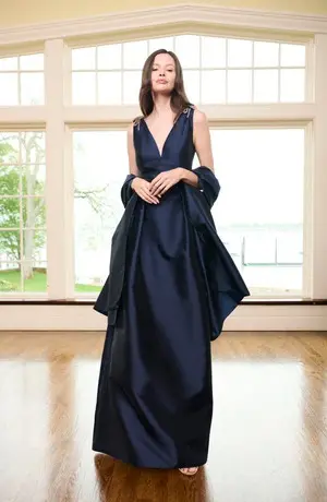 EMILY SHALANT Crystal Bow Detail Plunge Neck Faille Gown