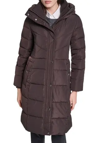 Cole Haan Taffeta Down & Feather Fill Puffer Coat With Stowaway Hood - Chocolate