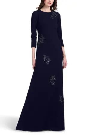 EMILY SHALANT Crystal Floral Detail Stretch Crepe Gown