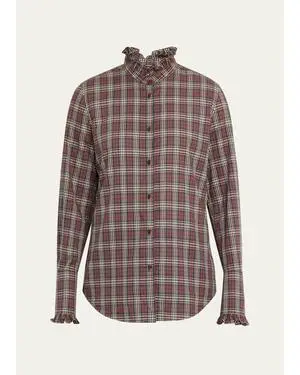 NILI LOTAN Elio Ruffle-trim Cotton Plaid Shirt - Rustic Check