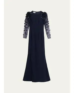 Rickie Freeman For Teri Jon Tulle-sleeve Floral Applique Crepe Gown - Navy