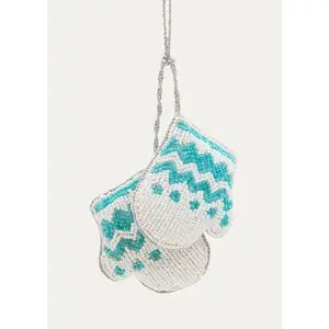 SUDHA PENNATHUR White/blue Beaded Double Mittens Christmas Ornat