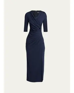 Giorgio Armani Elbow-sleeve Draped Slit Midi Dress - Medium Blue