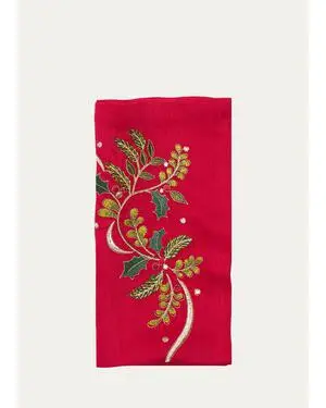 KIM SEYBERT Holly Ribbon Embroidered Linen Napkin - Red