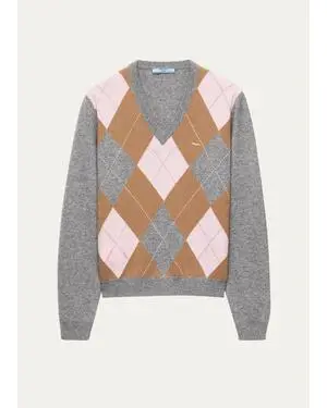 Prada Argyle Cashmere V-neck Sweater - Gris