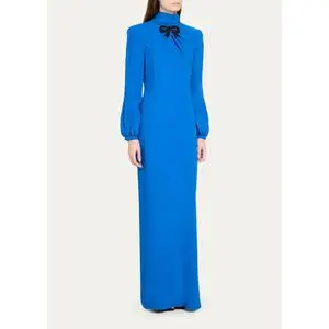 Valentino Garavani Bow Embroidered Turtleneck Long-sleeve Silk Gown