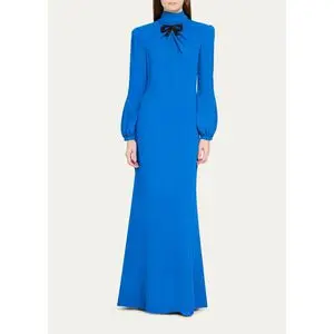 Valentino Garavani Bow Embroidered Turtleneck Long-sleeve Silk Gown