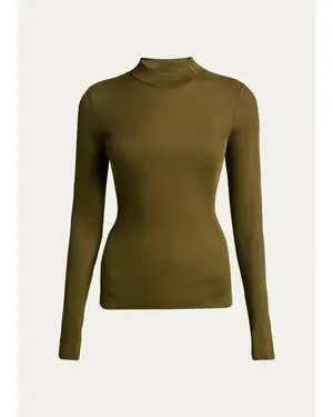 Saint Laurent Mock-neck Cote Silk Rib Sweater - Thyme