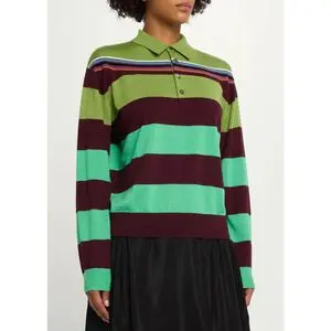 Christopher John Rogers Big Striped Wool-silk Long-sleee Polo Sweater